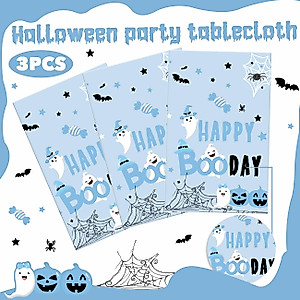 PATIAI 3 Pack Halloween Happy Boo Day Tablecloths Blue Halloween Pumpkin Ghost Rectangular Plastic Table Cover for Halloween Baby Shower Birthday Party Decorations(71 x 43 Inches)