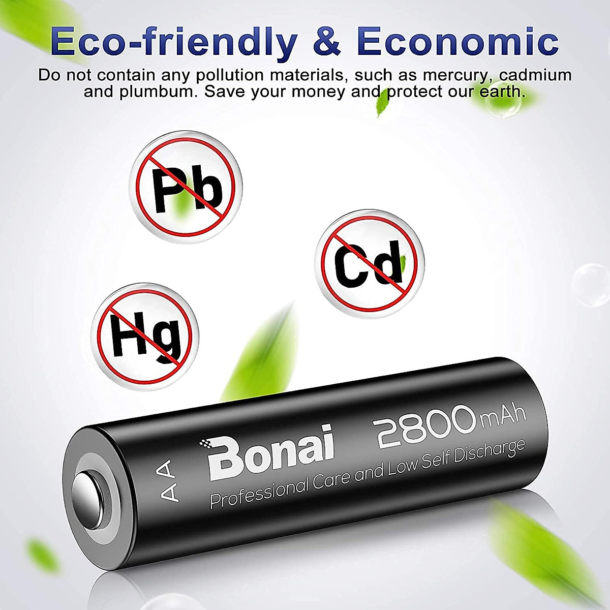 BONAI Rechargeable AA Batteries 2800mAh High Capacity, Recharge up to 1200x Times, Pre-Charged, Low Self Discharge Ni-MH AA Battery-16 Count