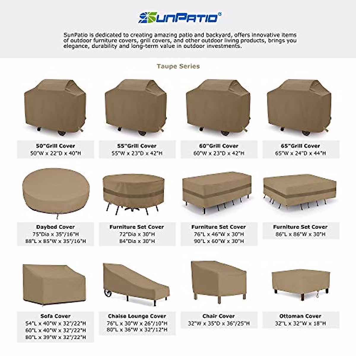 SunPatio Patio Furniture Set Cover, Heavy Duty Waterproof Outdoor Rectangular Table and Chairs Cover for Dining Set, Fade Resistant Deck Conversation Sectional Set Cover, 90''L x 60''W x 30''H, Taupe