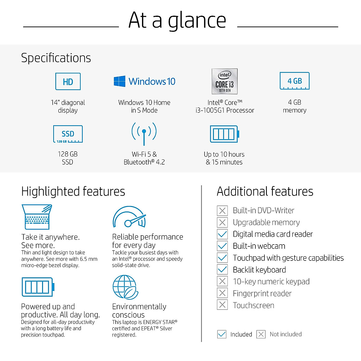 HP 14-inch Laptop, Intel Core i3-1005G1, 4 GB RAM, 128 GB SSD Storage, Windows 10 Home in S Mode (14-dq1020nr, Natural Silver)