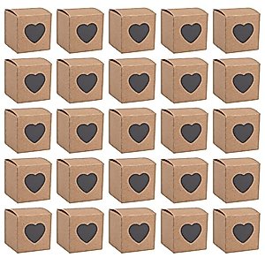 AUEAR, 50 Pack of Kraft Gift Boxes with Clear Plastic Heart Window 2x2x2 inch Treat Gift Boxes for Cake Candy Cookies Dessert