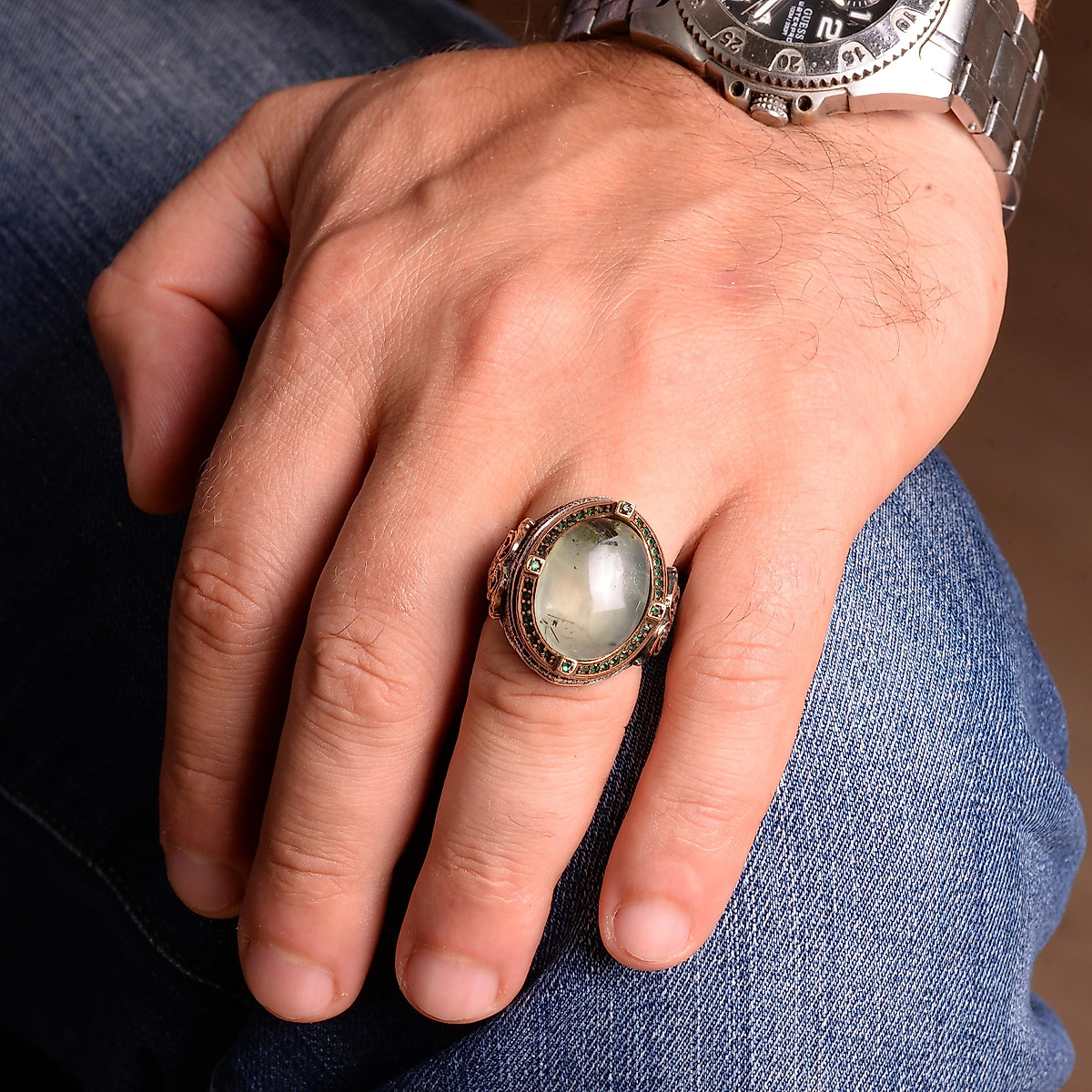 Falcon Jewelry Real Natural Jade Prehnite Gemstone Ring, 21.75 Carat, Jade Ring, 925 Sterling Silver Ring, Handmade Jewelry green