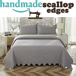 Brandream 4-Piece Grey Quilt Set Cotton Queen Size Luxury Scalloped Bedding Matelasse Coverlet Quilted Comforter Set