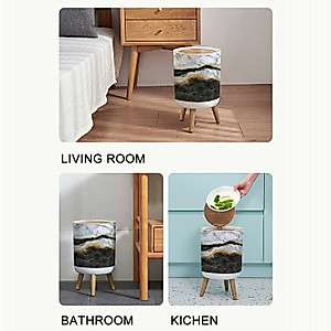 IBPNKFAZ89 Abstract marbling Black and White Marble with Golden Veins Fake Trash Can with Lid Small Garbage Bin Wood Waste Bin Press Cover Round Wastebasket for Bathroom Bedroom Kitchen 7L/1.8 Gallon