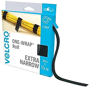 VELCRO Brand VEL-30765-AMS Extra Narrow Straps 1/2 in x 30ft Roll | Cut to Length Reusable Self-Gripping Tape | Organize and Bundle Electric Cords, Ropes, Cable Management Solutions, Wire Ties | Black