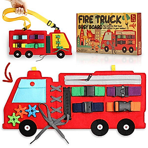 Busy Board for Toddlers 1-3 or 2-4, Firetruck Preschool Educational Early Learning Toy, Basic Life Skills and Fine Motor Montessori Activities for Kids, Learn to Dress Sensory Toy as Travel Game