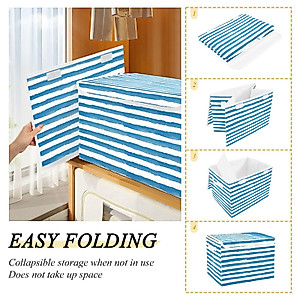 Gredecor Blue-white Stripes Large Storage Basket Bins with Lid Storage Boxes Organizer with Handle 16.5"x12.6"x11.8" Collapsible Storage Cube for Toys Bedroom Nursery Home