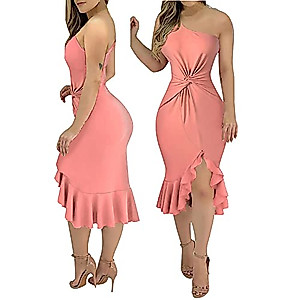 Maxi Dresses for Women,2023Spring Summer Sexy One Shoulder Sleeveles Satin Cocktail Dresses, Trendy Ruched Bodycon Ruffle Dresses, Sexy Guest Party Evening Dresses(Pink,L)