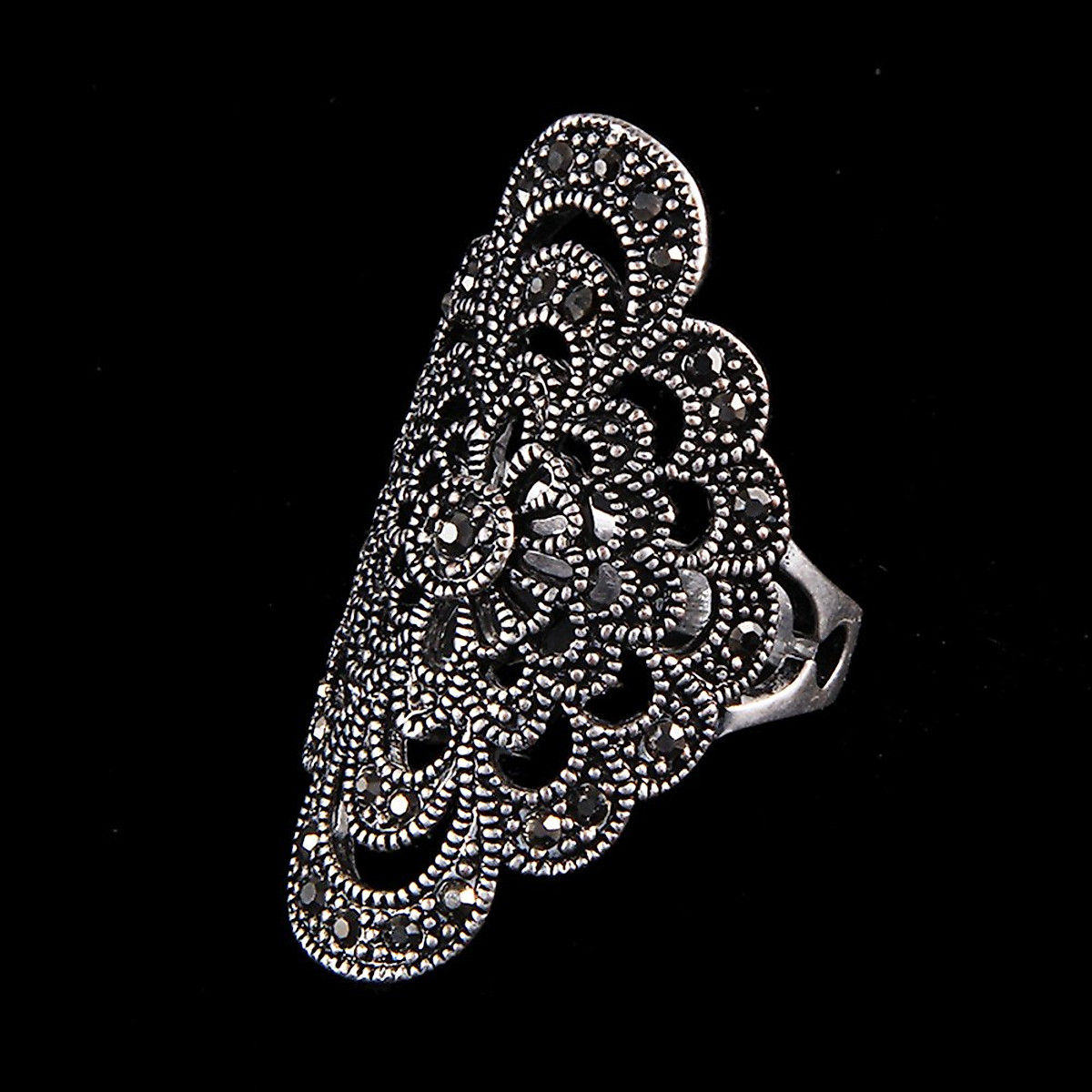 Ajojewel Vintage Hollow Flower Ladies Rings Black Rhinestone Antique Jewelry Finger Accessories (Black, 9)