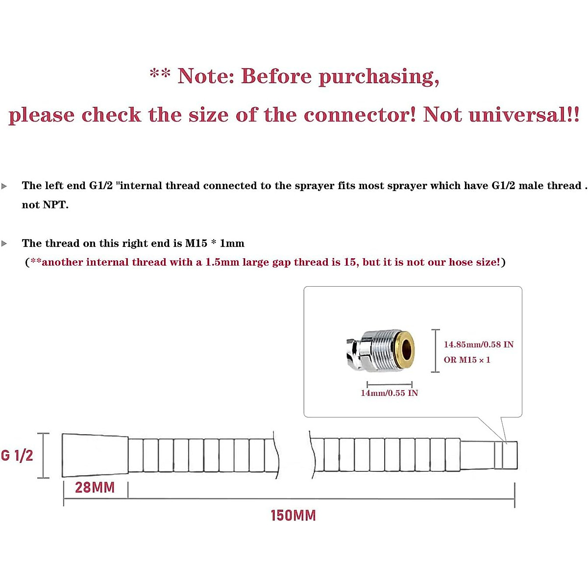 Spray Hose for Kitchen Faucets, Pull Down Replacement, Kitchen Sink Faucet Pull-Out Spray Replacement Hose， 59-inch Chrome Finish
