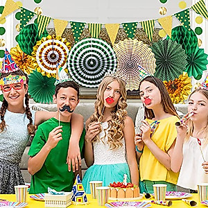 Green Gold Paper Fans Hanging Glitter Paper Triangle Flag Pennant Banner Tassel Garland Circle Banners Party Decorations for Bachelorette, Birthday Carnival, Engagement Wedding, Baby Bridal Shower