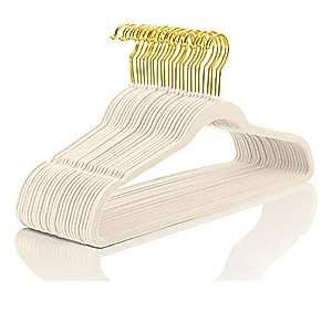MIZGI Premium Velvet Hangers Pack 50 Pcs Heavy Duty - Non Slip Slimline - Velvet Suit Hangers Ivory - Gold Hooks,Space Saving Clothes Hangers …