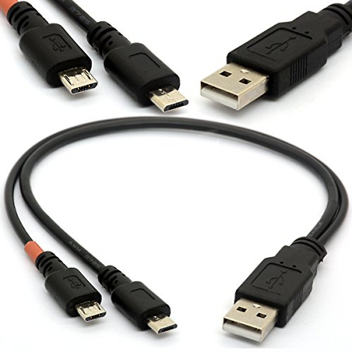Micro USB Cable Y Splitter USB 2.0 A to Dual Micro B Power Enhancer Hub Adapter 1 Male to 2 Male Android Extension Code Syncing and Charging Two Devices Simultaneously