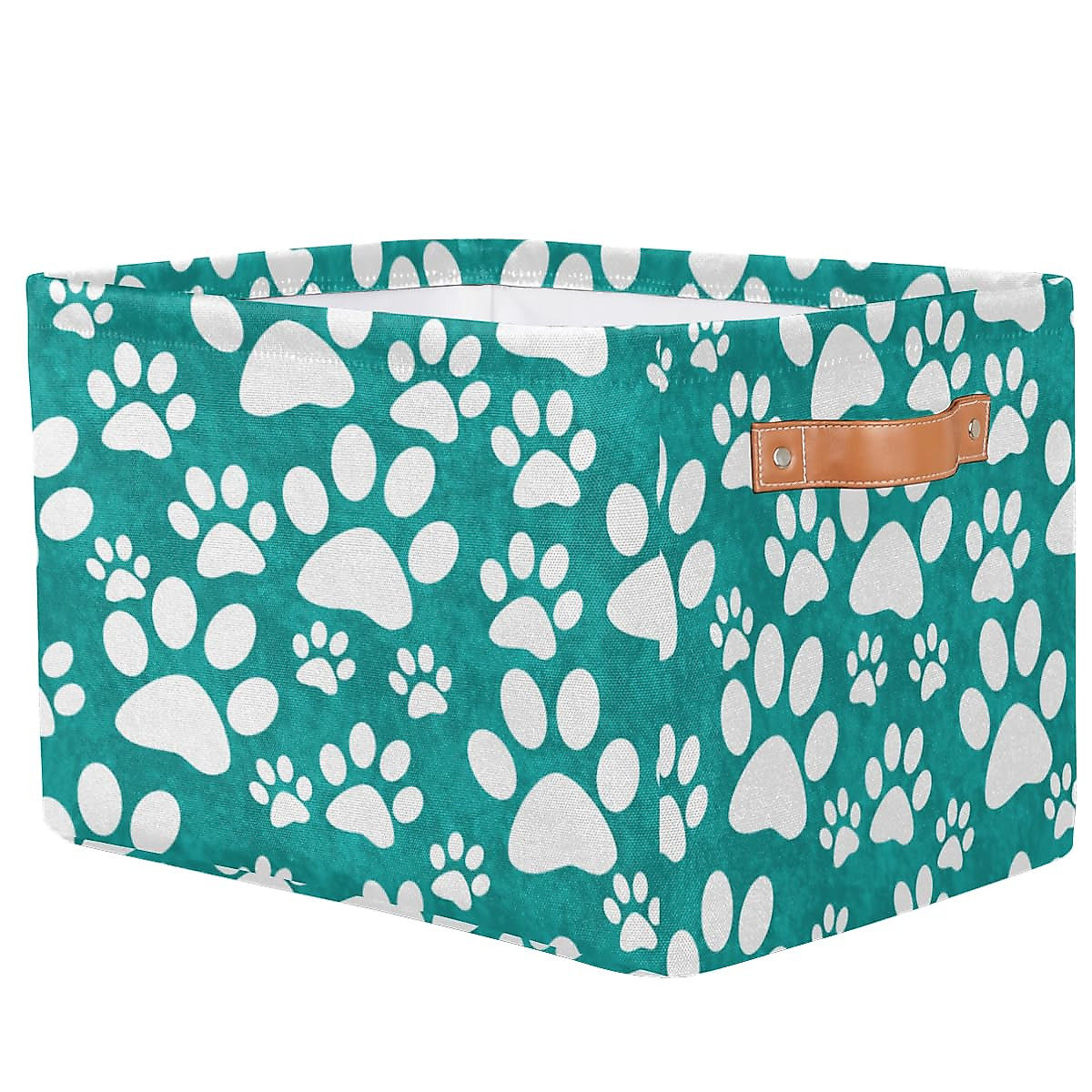 Teal and White Dog Paw Foldable Storage Basket Bin Large Fabric Kids Toys Storage Cube Box with Handles Collapsible Closet Shelf Cloth Organizer Basket for Nursery Bedroom Shelves Laundry