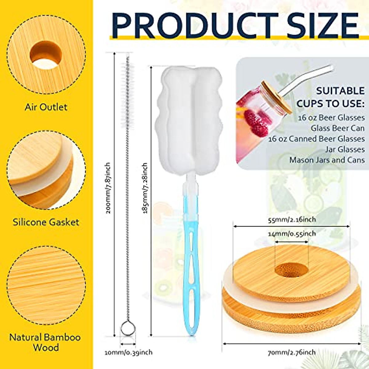 16 oz Beer Glasses Lids with Straw Hole Drinking Glass Cups Anticorrosion Beer Can Cups Lids Bamboo Lids with Brush for 16 oz Canned Beer Glasses Jar Glasses and Cans (12 Pack)