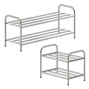 SKIKEN 2-Tier Low Shoe Rack, 100% Stainless Steel, Small Expandable Shoe Rack, Stretchable Rod, No Rust, Easy to Care, Simple Metal Storage Rack For Entrance, Stairs Side, Closet, Bathroom