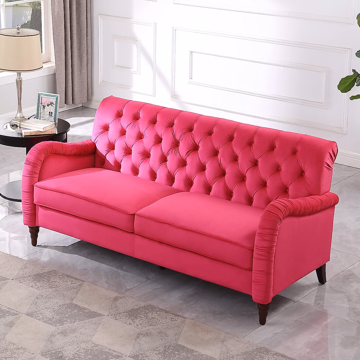 Melpomene Chesterfield-Styled 3 Seater Sofa Couch, Modern 72" Velvet Sofa with Button Tufting, Unique Arm and Wood Legs,Rose Red