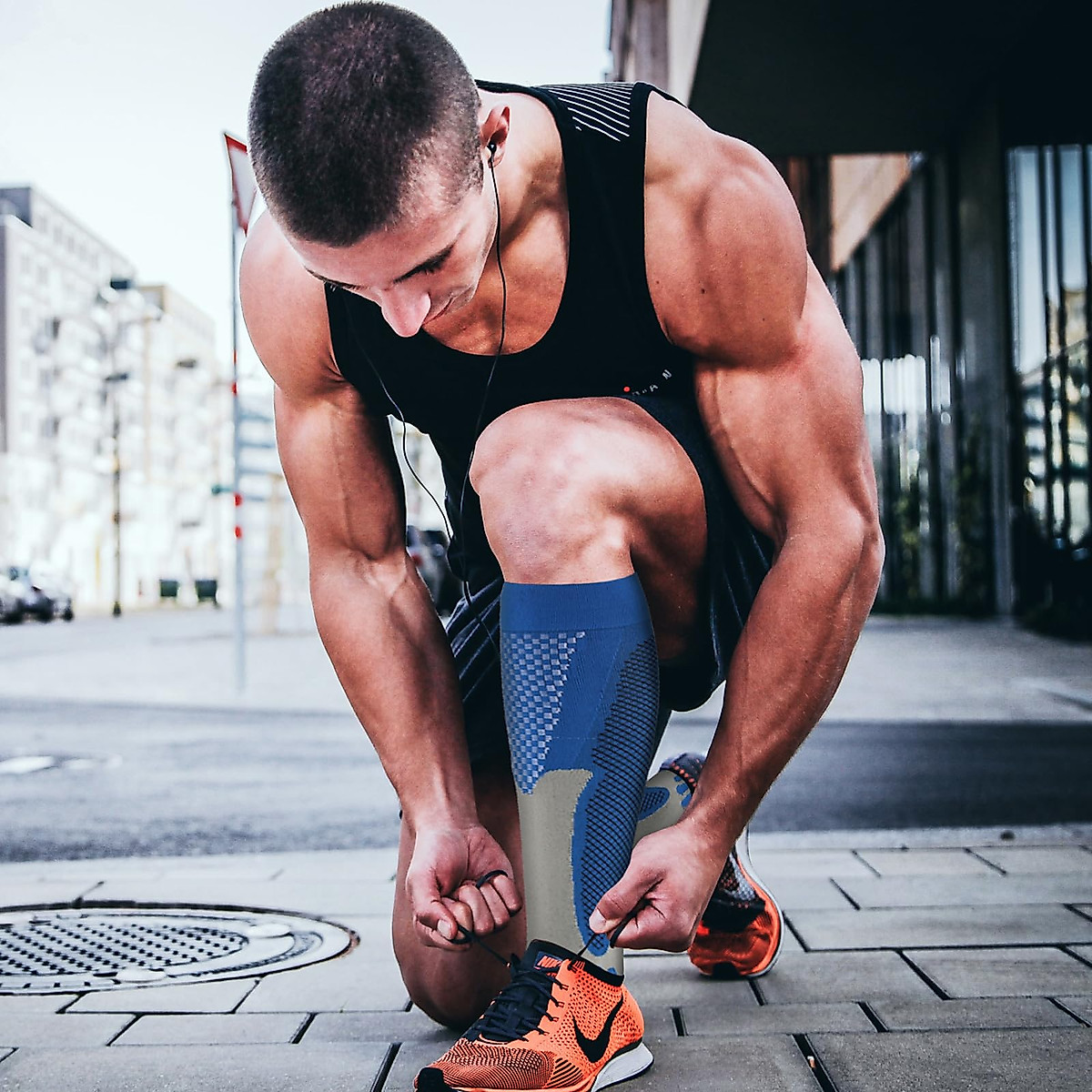 Kickticks Compression Socks 4 Paris for Women & Men 20-30mmhg Knee High Circulation Support for Running Nurse Sport Kinesio Function(Black/Blue/White/Green, L/XL)