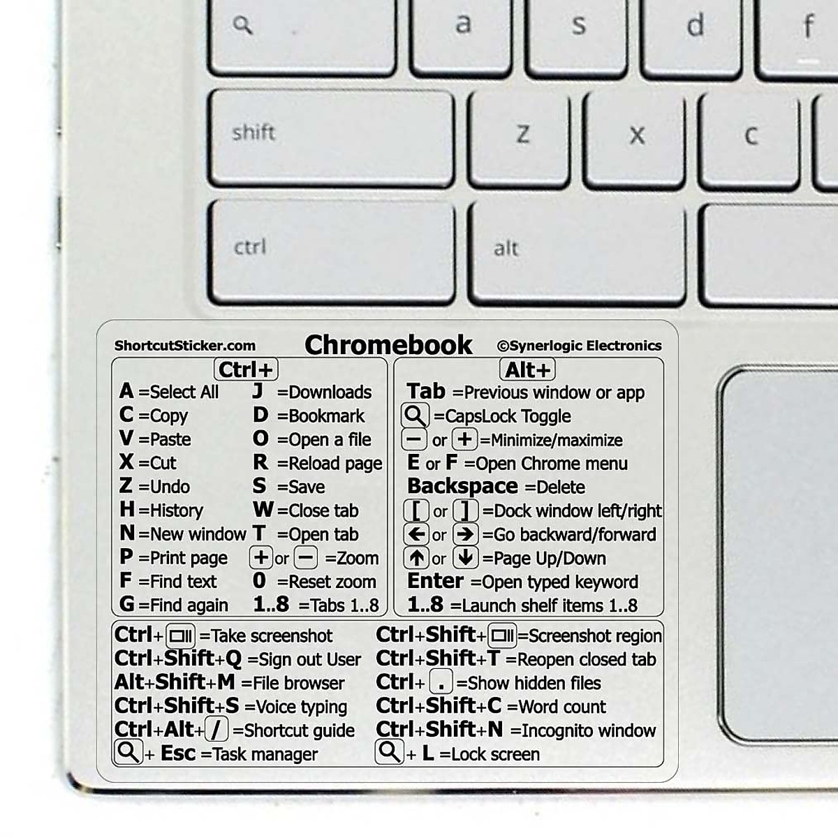 SYNERLOGIC Chrome OS Reference Keyboard Shortcut Sticker - No-Residue Vinyl - Size 3"x2.4" for Any Brand Chromebook Laptop Running Chrome OS (Clear)