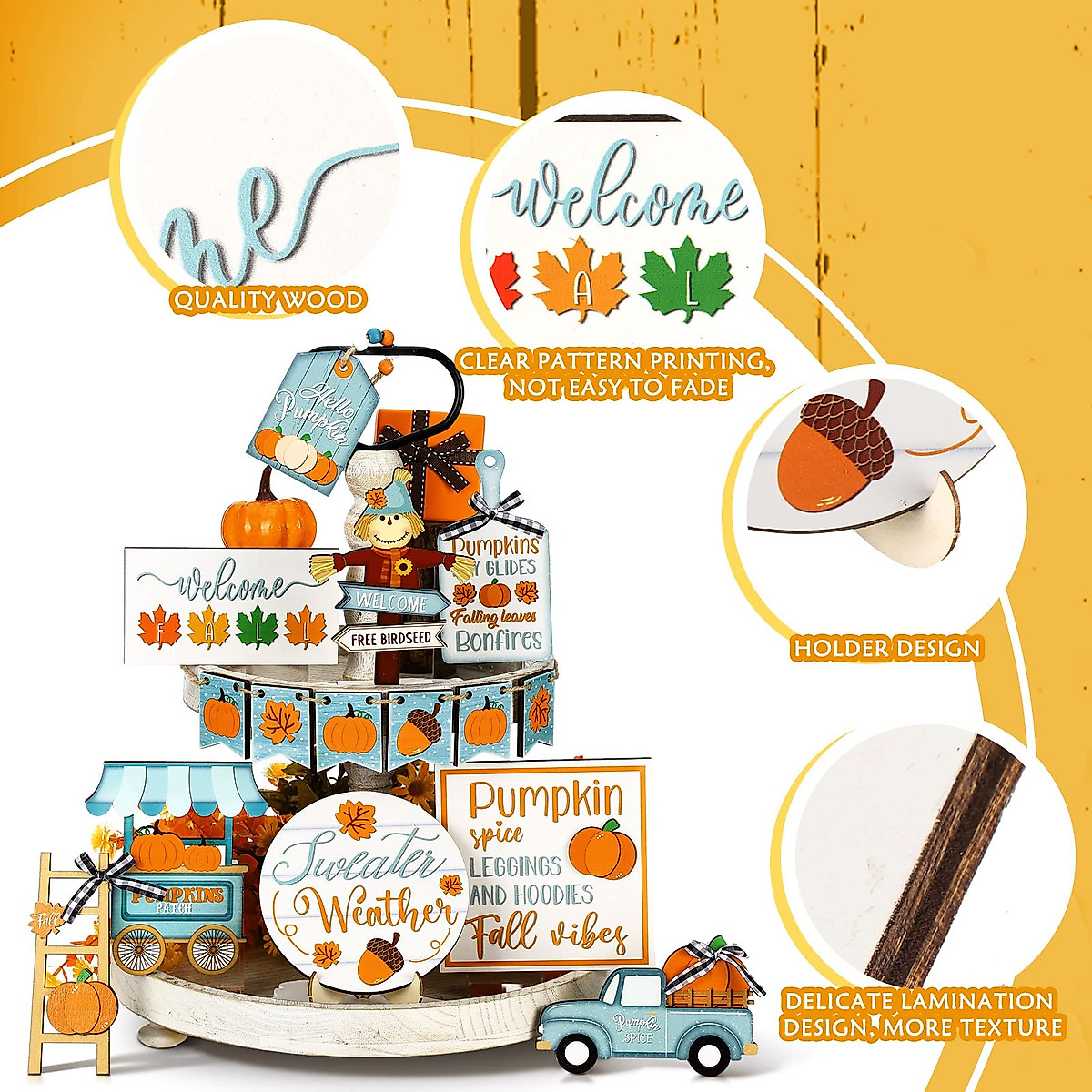 15 Pieces Fall Tiered Tray Decor Set Thanksgiving Pumpkin Tray Decor Scarecrow Truck Fall Decor for Home Autumn Harvest Wooden Table Decorations Signs