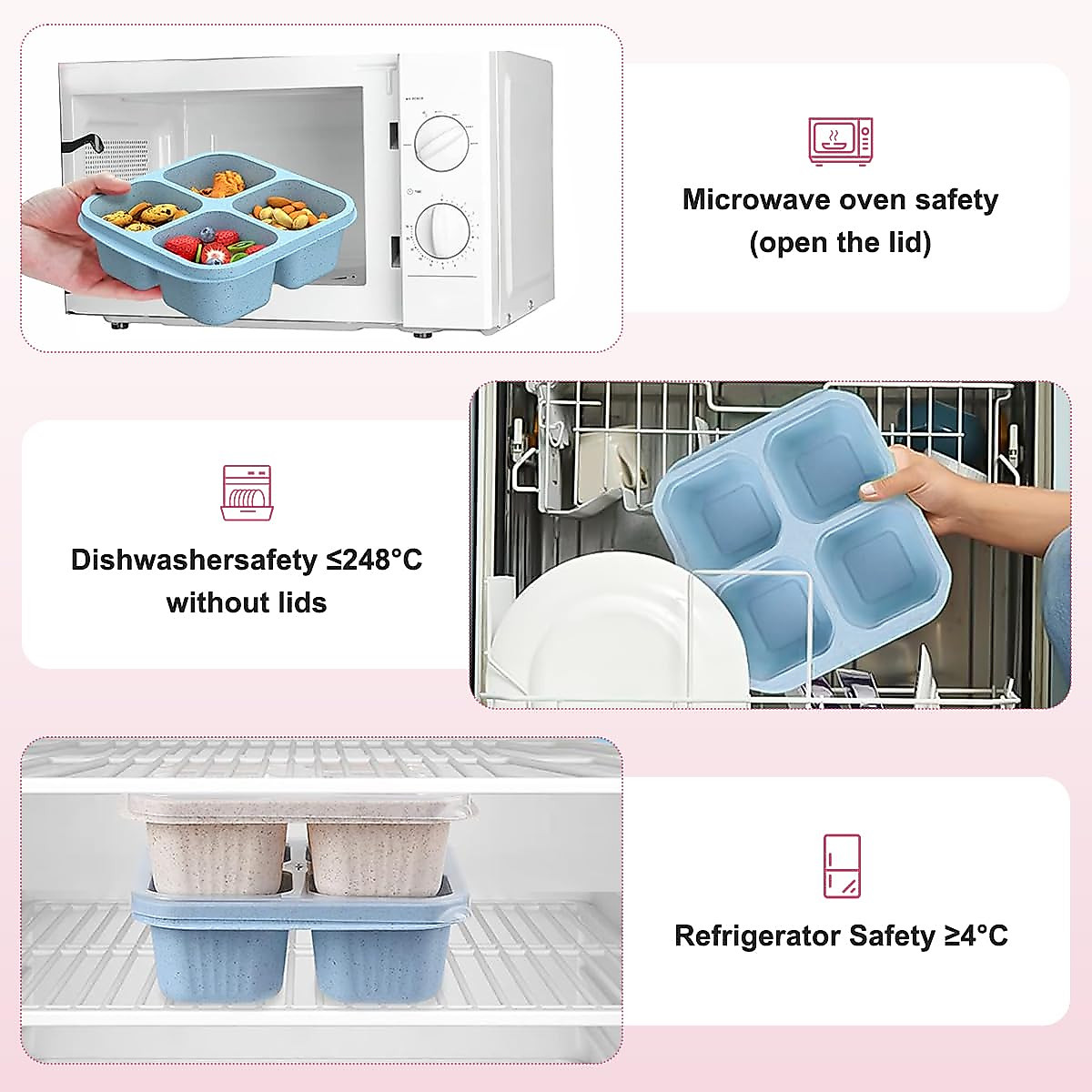 Waritili 4 Pack Snack Containers - Stackable Bento Boxes with 4 Compartments, Reusable Divided Food Containers for Party, Work, Travel, BPA FREE