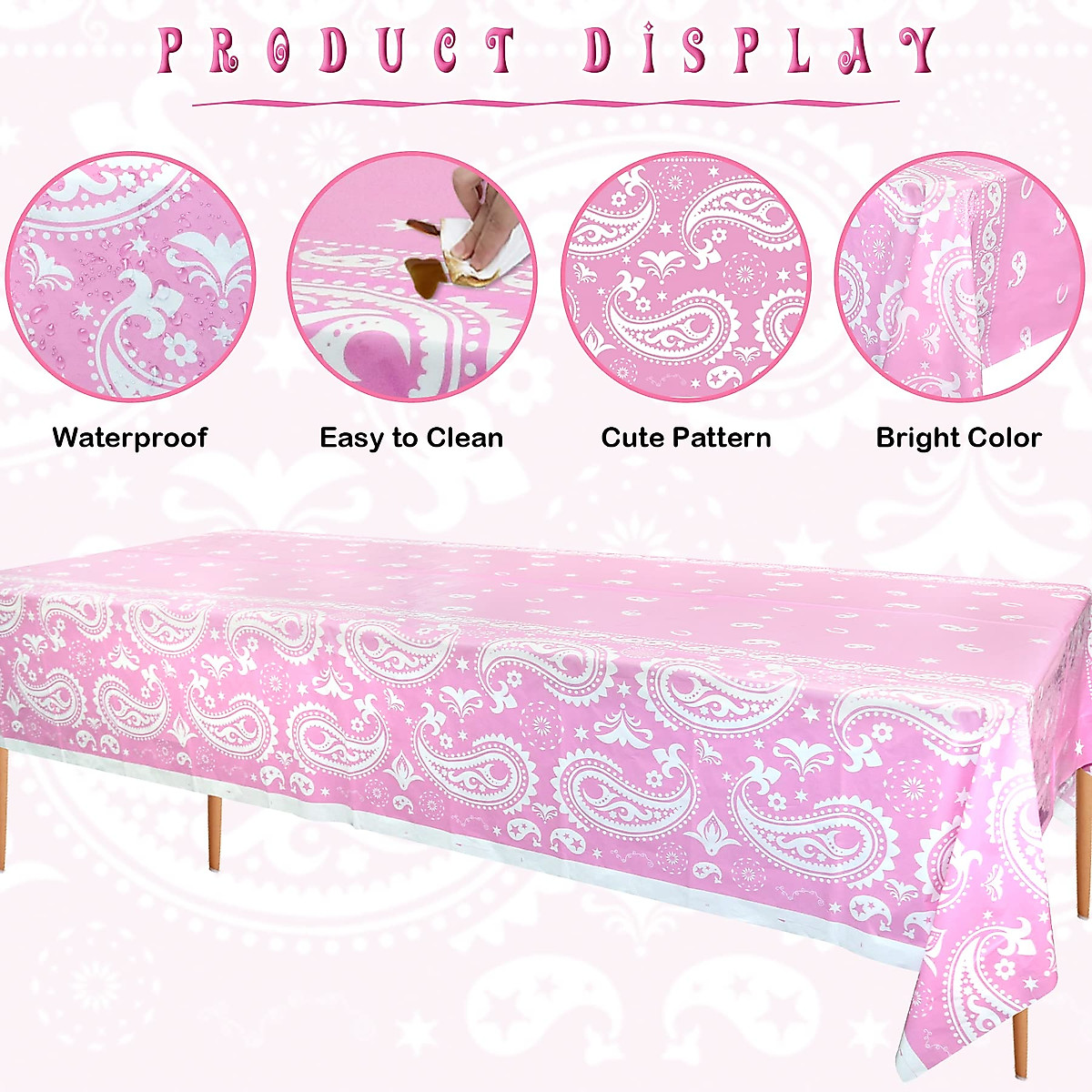 KEFAN Pink Western Cowgirl Horse Party Tablecloth Decorations, Bandana Table Cloth, Triangle Banner, Rectangle Floral Tablecloth for Western Cowgirl Cowboy Themed Party (4pcs)
