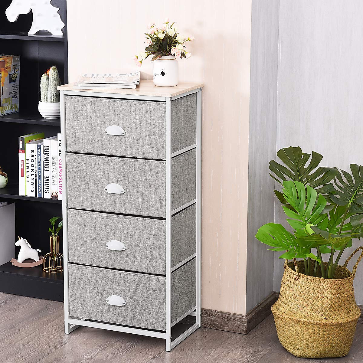 Giantex Dresser Storage Tower Nightstand W/Fabric Drawers, Sturdy Steel Frame and Wood Top Organizer Unit for Bedroom, Living Room, Entryway,Closets End Table Storage Unit (37’’(H), White)