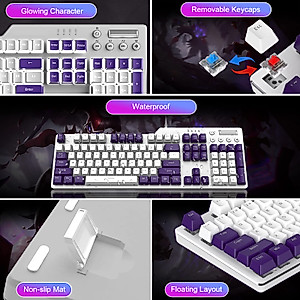 Mechanical Gaming Keyboard Hot Swappable with Multi Monochromatic Backlight 104Key Anti-ghosting Ergonomic Metal Plate Multimedia Key USB Wired for PC Mac Gamer Office Typist(Purple White/Blue Switch)