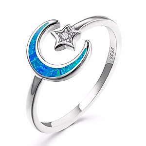Angol Opal Moon Star Ring for Women Sterling Silver Adjustable Crescent Moon Ring 5A+ Cubic Zirconia Statement Hypoallergenic Finger Ring Gift with Box