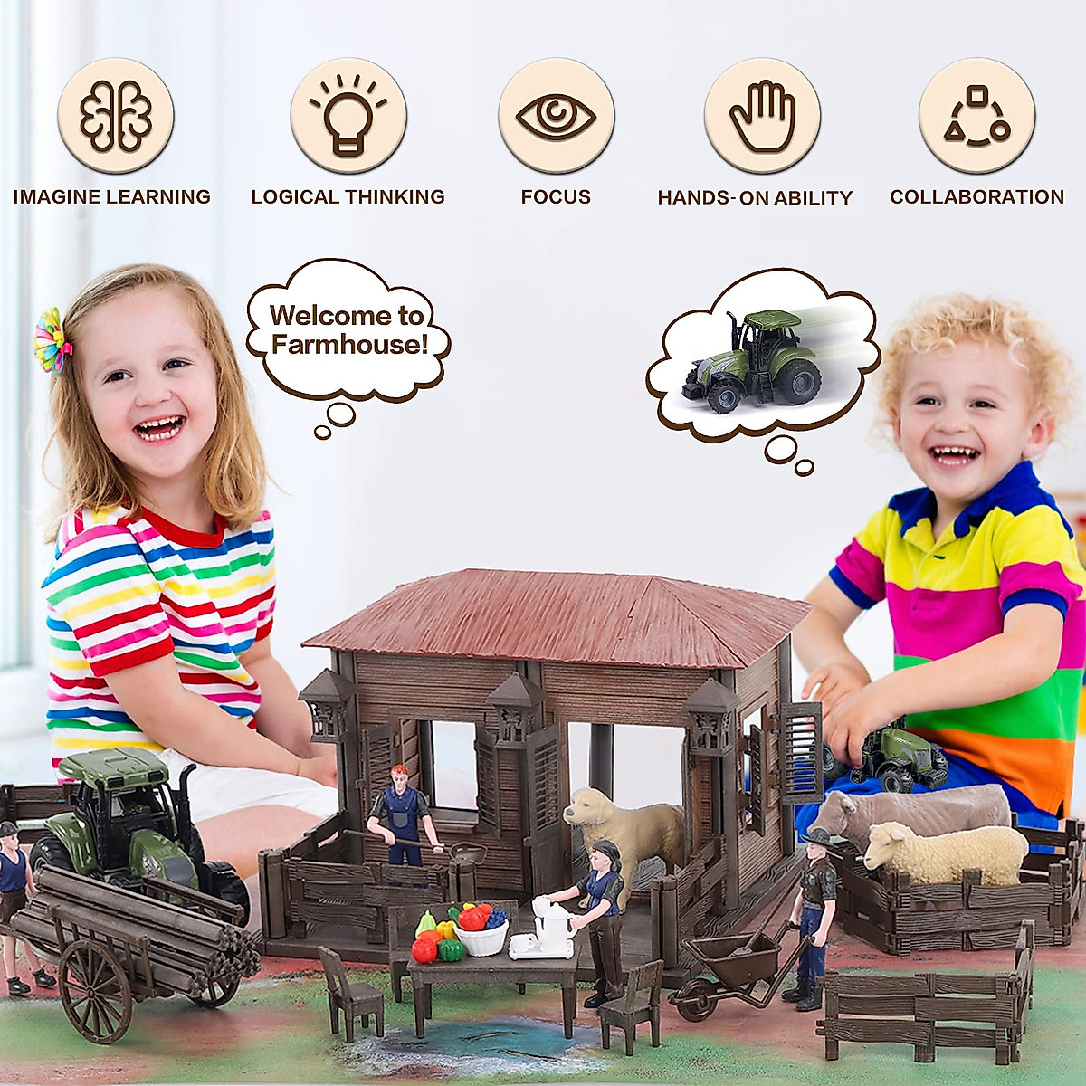 Lucky Doug Farm Animal House Toys Playset for Kids Toddlers Ages 3-8, 122 PCS Building Toys Farmhouse Figures Pretend Play Set with 3 Animals, 4 Figures, A Tractor, 11" L x11 W x 8" H