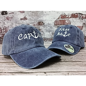 Captain & First Mate Anchor Hats for Couples, Navy Blue Embroidered Matching Boating Baseball Caps, Sailing Gift
