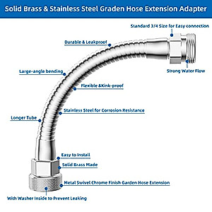 All Metal Garden Hose Extension Adapter, 8 Inch Garden Hose Protector, Solid Brass G1/2'' Connector, 360 Degree Swivel Stainless Steel Flexible Water Hose with Male & Female Thread GHT3/4",Chrome