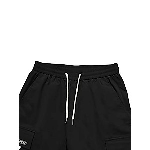Romwe Men's Flap Pocket Drawstring Elastic Waist Letter Graphic Street Cargo Pants Black XL