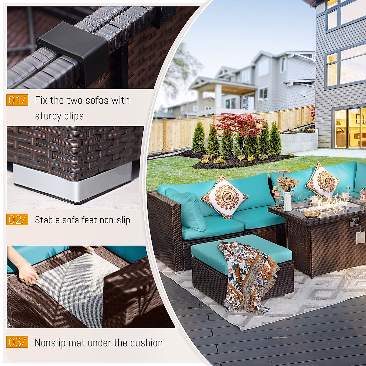 BULEXYARD High Back Brown PE Rattan Outdoor Patio Furniture Set with Propane Fire Pit Table, Large Wicker Outside Sectional Furniture Sofa Conversation Sets for Backyard(Aqua Blue, 7Pcs-A)