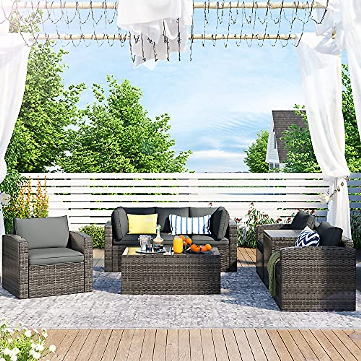 BIADNBZ 7 Piece Outdoor Patio Furniture Set for 6,All-Weather Wicker Sectional Sofa with a Loveseat and Storage Box, Rattan Conversation Couch with Glass Table for Garden Backyard, Grey