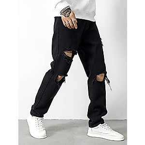 WDIRARA Men's Cut Out Ripped Frayed Zipper Fly Long Straight Leg Denim Jeans Black Solid XL