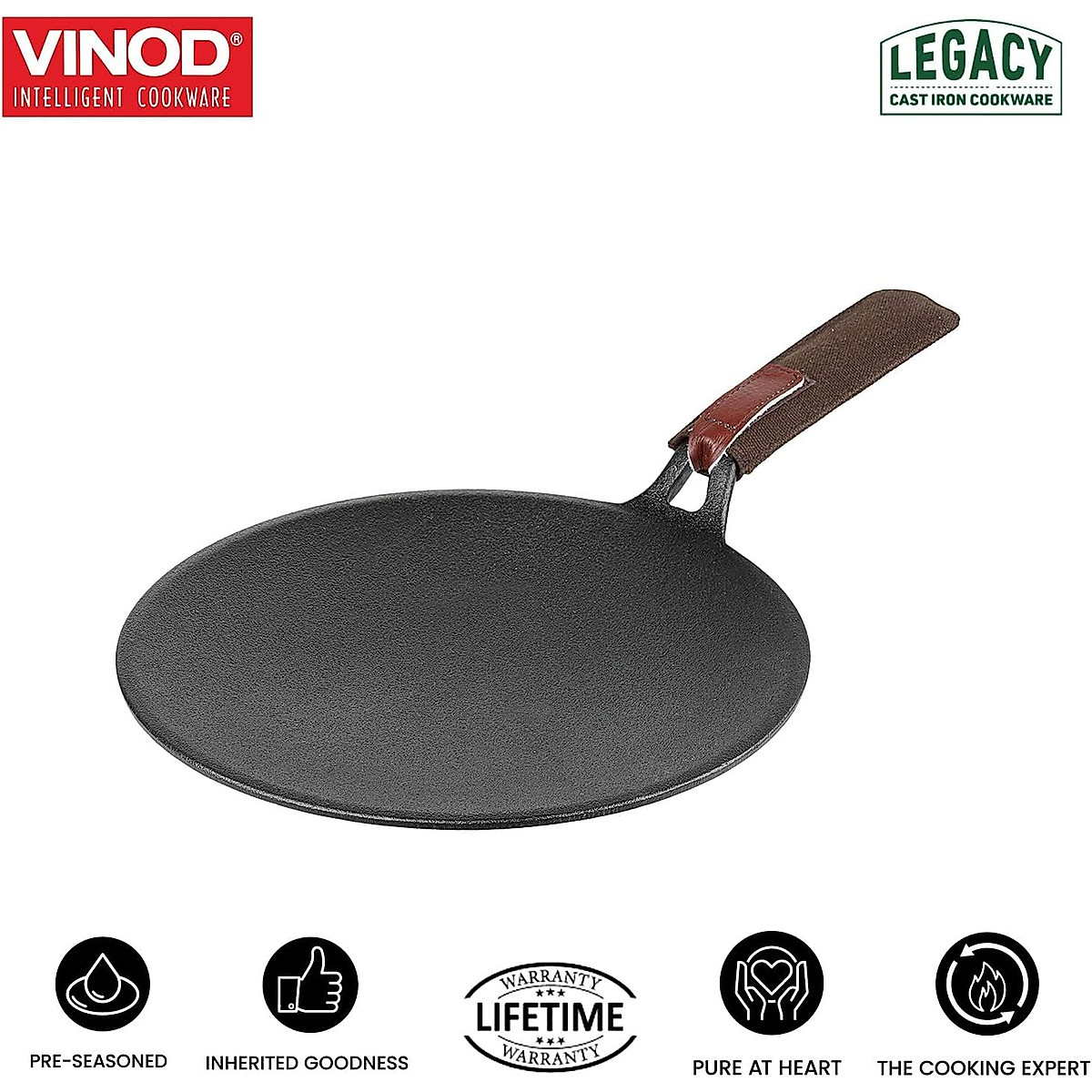 Vinod Legacy Pre-Seasoned Cast Iron Pan, Dosa Pan, Flat Skillet Pan/Tawa, Crepe, Chapati, Roti, Dosa Tawa Tava with Safety Sleeve for Stay-Cool Handle - 30cm, Black (LEGACY-TAWA-30)