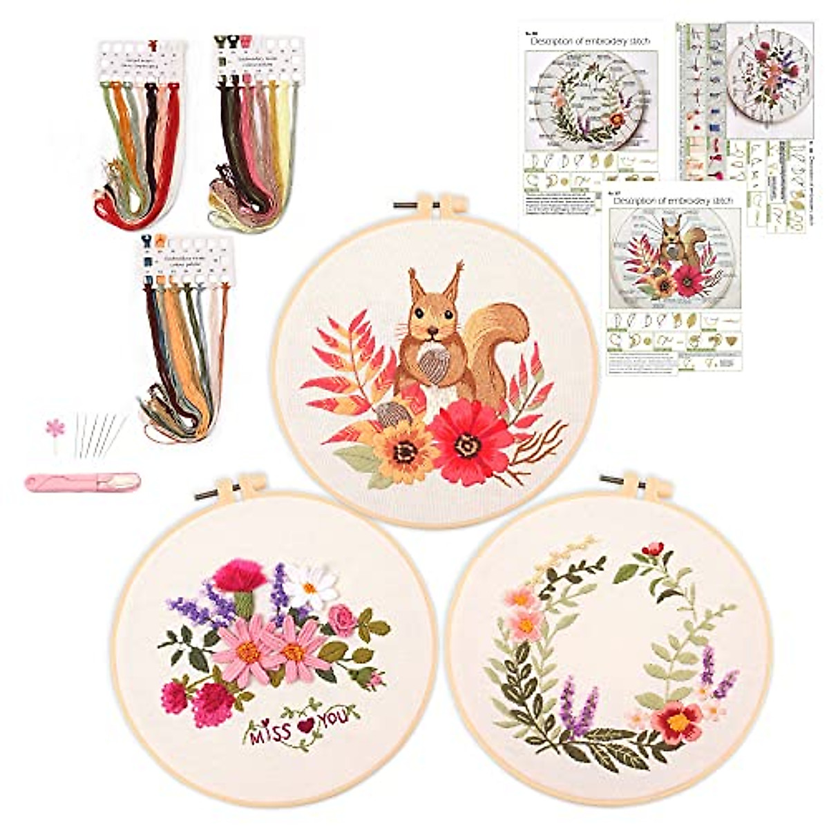Harimau 3 Sets Embroidery Starter Kit with Pattern and Instructions,Cross Stitch Kits , Including Stamped Embroidery Cloth with 1 Embroidery Hoops, Color Threads and Embroidery Kits