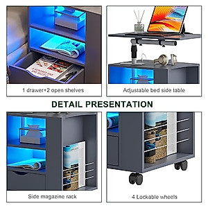 HNEBC LED Nightstand with Wireless Charging Station,Grey Nightstand Has Adjustable Rotary Table,Bedside Tables with One Drawer and 2 Mezzanines/Infrared Induction 3 Color Lighting (On The Right)