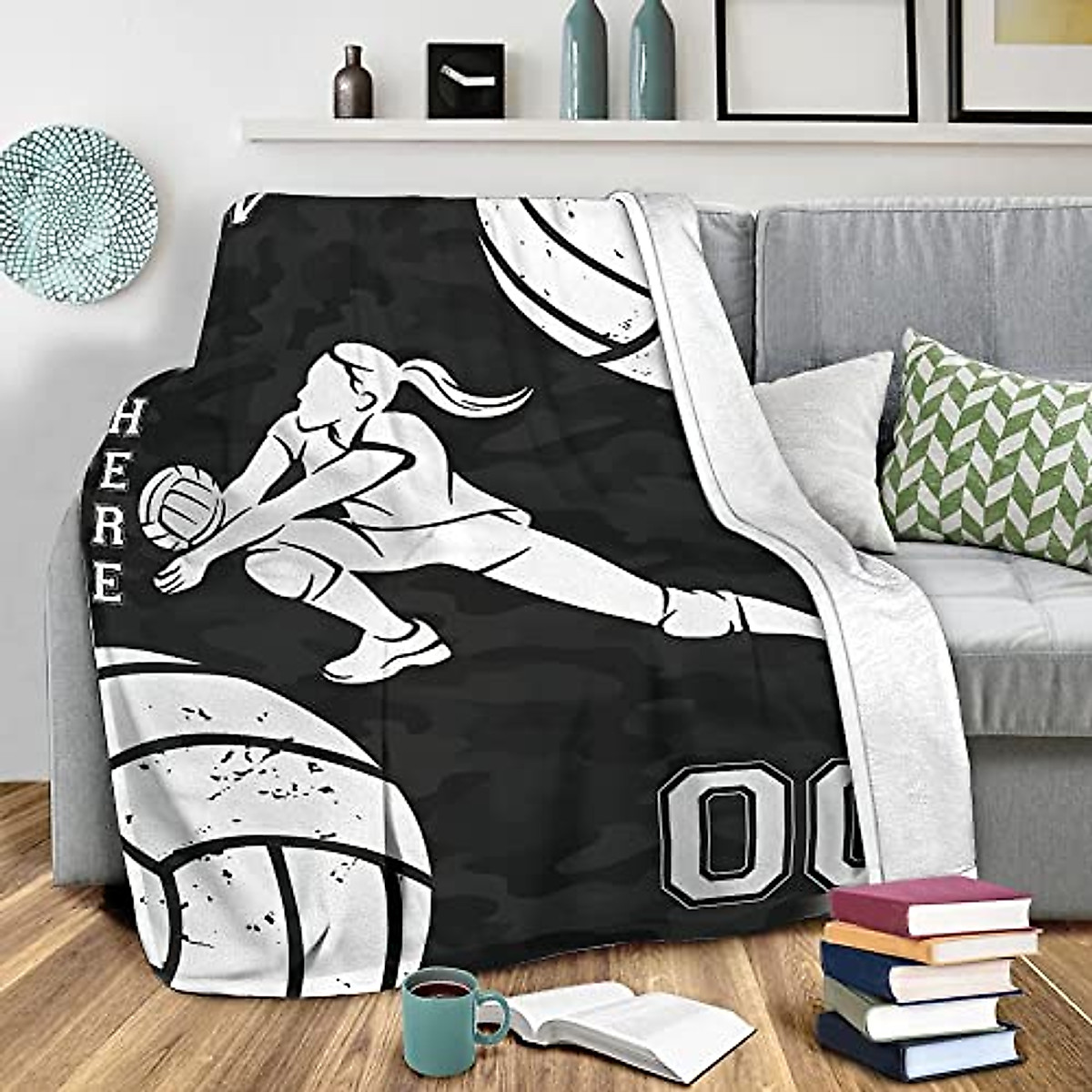 OhaPrints Custom Volleyball Black Camo Volleyball Girl Personalized Name Number Soft Sherpa Throw Blankets Cozy Fuzzy Fleece Throws for Tv Sofa Couch Comfy Fluffy Blanket 30X40 50X60 60X80