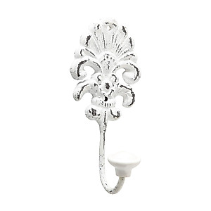 WHW Whole House Worlds Chateaux Fleur De Lis Wall Hooks, Set of 4, Shabby Distressed Finish, French Country Style,Rustic White, Cast Iron, Vintage Inspired, Porcelain Caps, Each 6 3/4