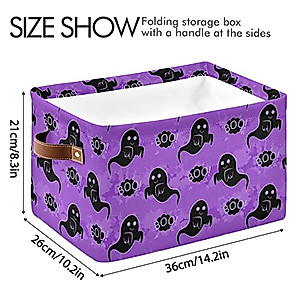 CHIFIGNO Abstract Halloween Boo Decorative Basket Collapsible Storage Bin with Leather Handles for Home Office Dorm Closet Storage, 2PCs