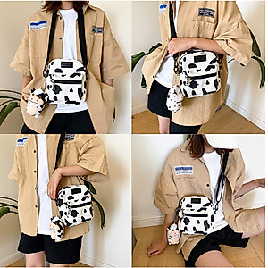 Cow Print Canvas Crossbody Purse Cute Animal Shoulder Handbag Phone Bag with Plush Pendant for Women Girls Kids