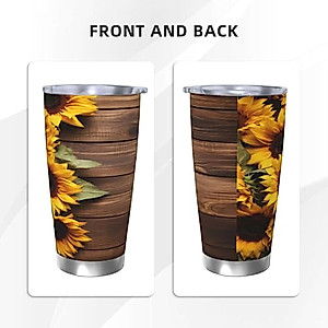 AYCZN Sunflower Wood Board 20 OZ Tumbler Stainless Steel Travel Coffee Mug, Vintage Insulated Water Bottle with Lid and 2 StrawsLeakproof Thermal Cup