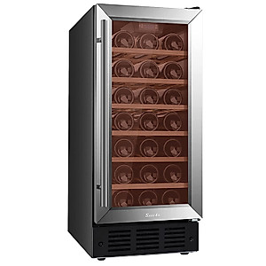 SMETA 15 Inch Under Counter Wine Cooler, 33 Bottle Built In Wine Fridge Refrigerator, Cabinet Freestanding Glass Door Stainless Steel Black Wine and Beverage Cellar For Home Bar With LED And Low Noise