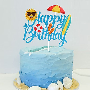 Summer Beach Happy Birthday Cake Topper Blue Glitter Summer Pool Swimming Surfing Party Decoration Summer Holiday Birthday Party Favor Supplies