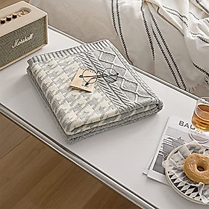 GunziStreet 100% Pure Cotton Knitting Throw Blanket Houndstooth Thousand-Bird Pattern Splicing Nordic Style Soft Warm Home Decor for Bed Couch Bedroom (Light Gray, 51x63)