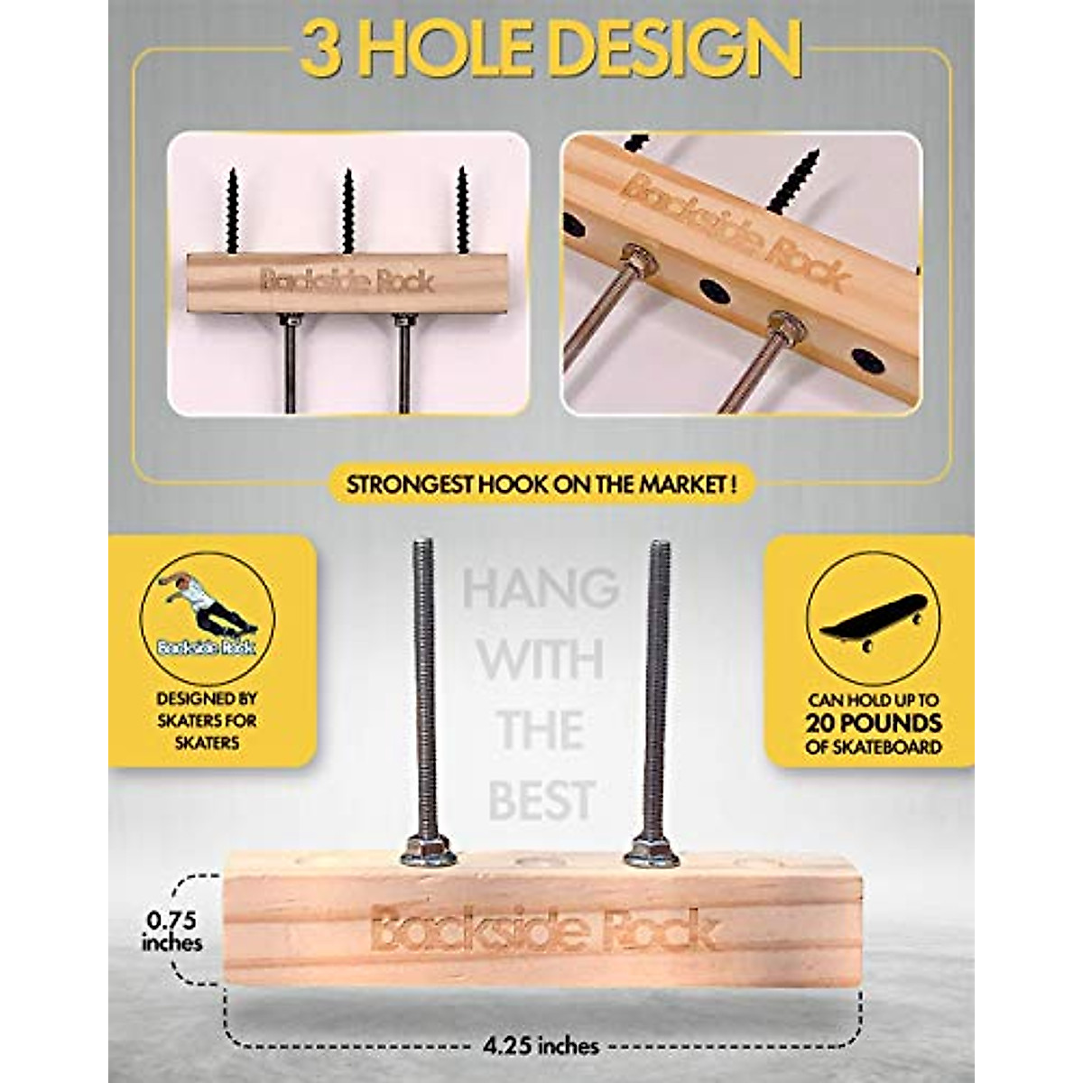 LN Backside Rock Skateboard Hooks | Premium Wall Hanger Setup | Skate Holder Rack Display | Vertical and Horizontal Hook | Deck and Full Setup for Heavy Duty Quality. (01)