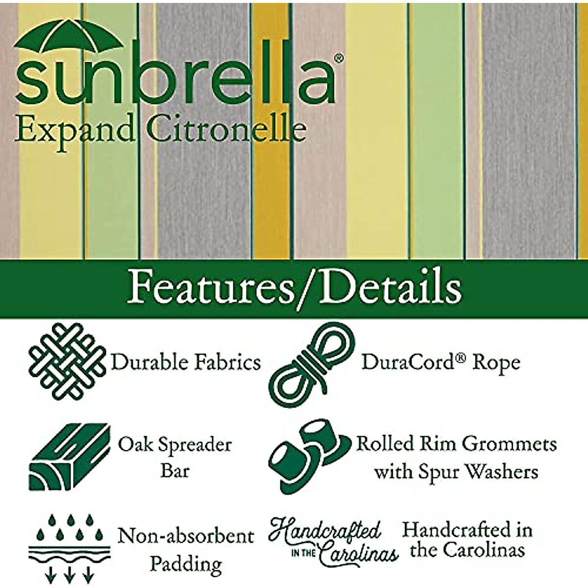 Original Pawleys Island Sunbrella Cushioned Single Swing in Expand Citronelle with Oak Spreader Bar, Handcrafted in The USA, 350 LB Weight Capacity, 24 in. L x 24 in W x 24 in. D