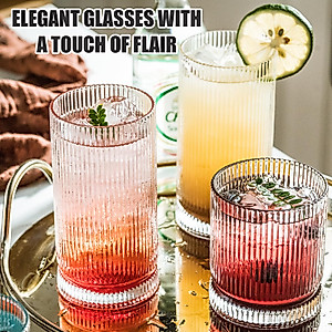 KEMORELA Drinking Glasses Set of 8, Ribbed Glassware, Vintage Fluted Glassware, 4 pcs Ribbed Glasses 16oz Highballs and 4 pcs 13oz Whiskey Glasses, Great for Cocktail, Beverages